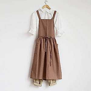 Women Cotton Linen Cross Back Apron with Pockets for Gardening Works Pinafore Dress