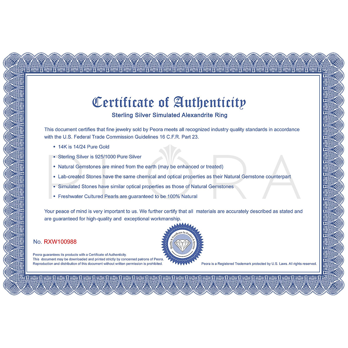 PEORA Simulated Alexandrite Museum Ring 925 Sterling Silver, 1.75 Carats Oval Shape 8x6mm, Comfort Fit, Size 8