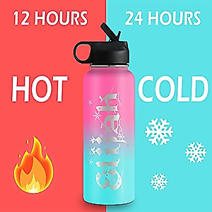 Personalized Water Bottles for Kids, 18 oz Custom Name Water Bottle With Straw, Insulated Stainless Steel Reusable Waterbottle Gifts for School Girls Boys Men Women - Ombre Color