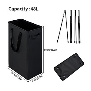 HMFULE Narrow Laundry Basket, Slim Laundry Hamper with Handle，Portable Storage Hamper 48L Foldable for Laundry Room, Dorm and Bedroom (Black)