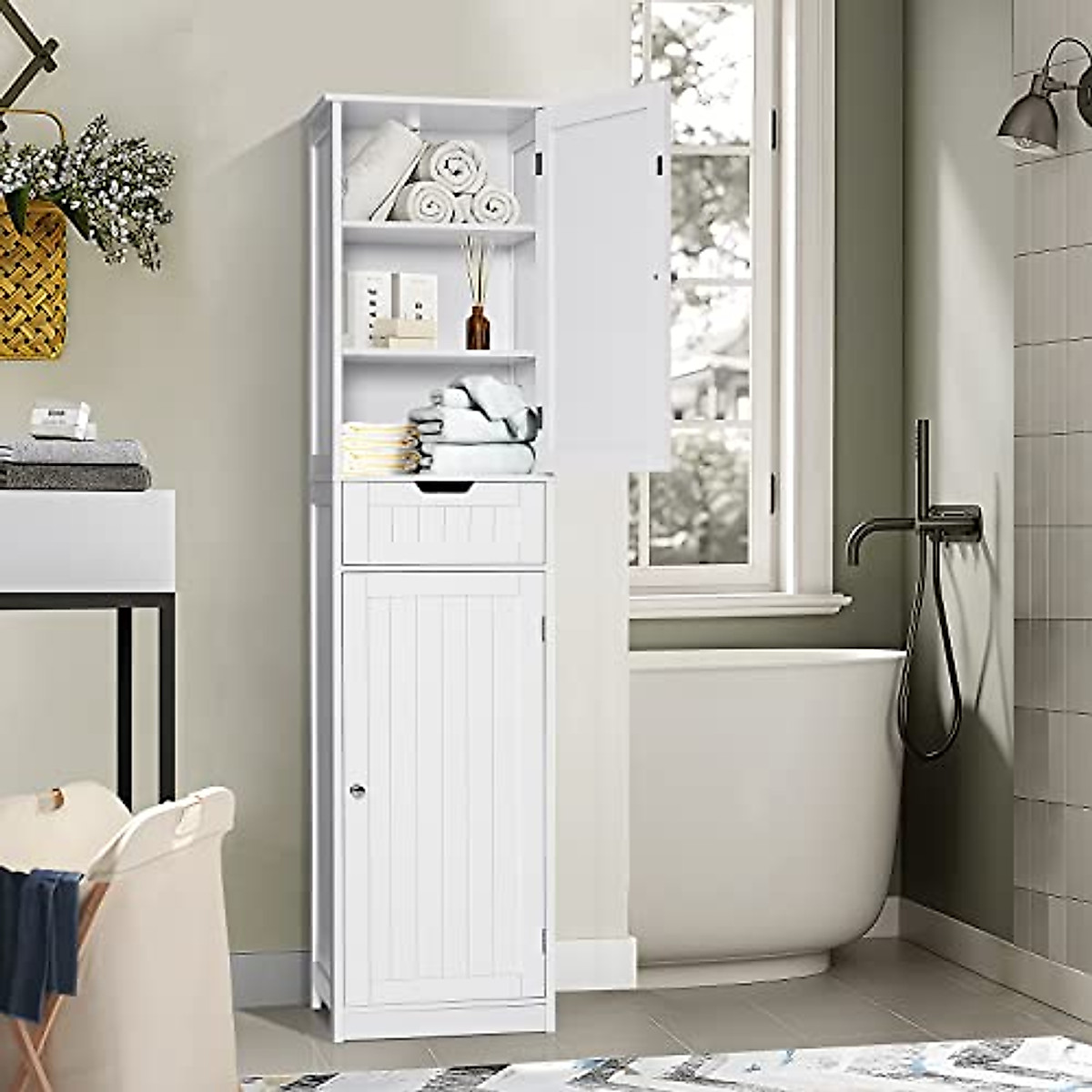 Iwell Tall Linen Tower Cabinet, Freestanding Bathroom Cabinet with 2 Doors 6 Tier Shelves & Drawer, Narrow Floor Storage Cabinet for Living Room, White