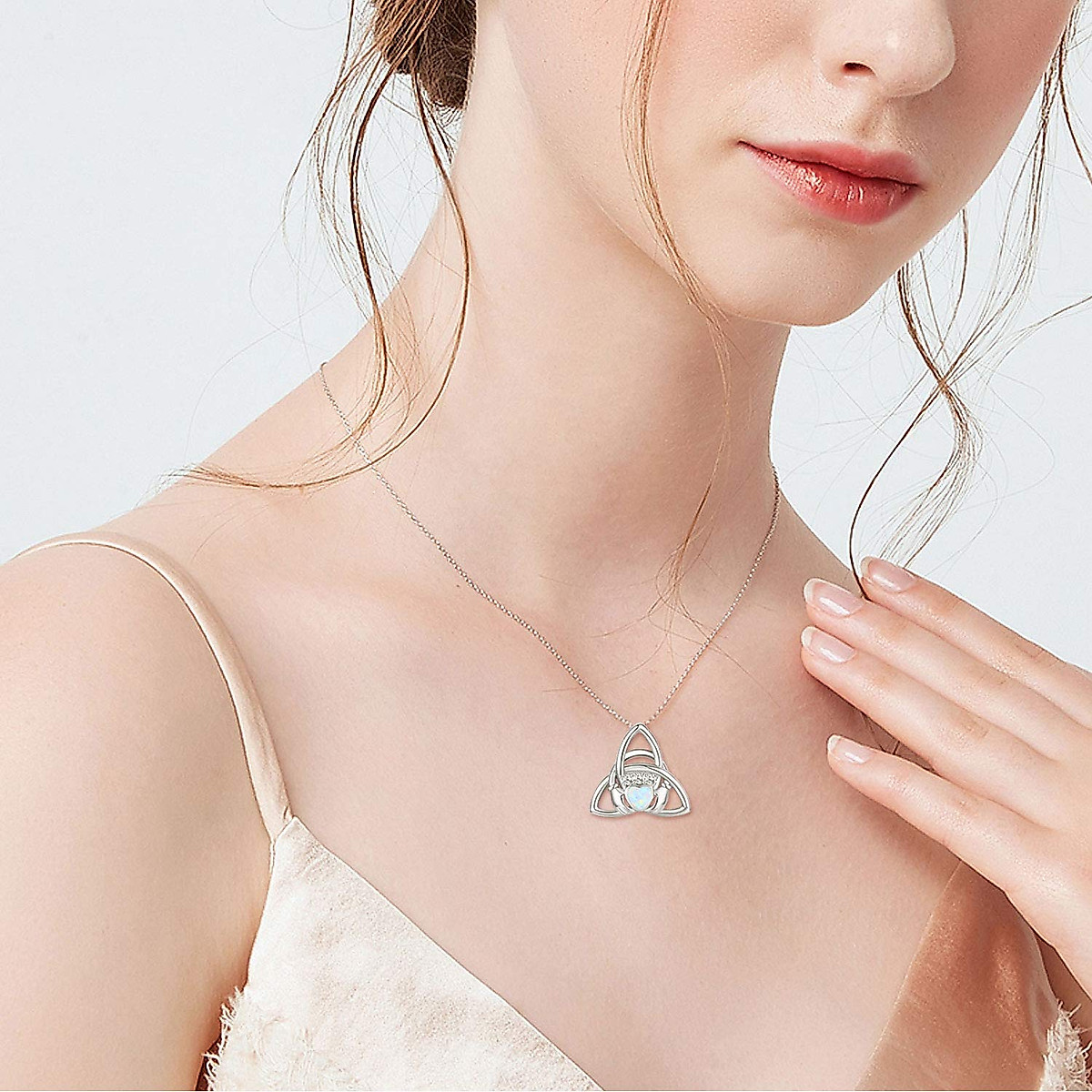Celtic Knot Necklace for women 925 Sterling Silver Good Luck Irish Celtic Knot Trinity Knot Necklace Celtic Knot Moonstone Love Heart Pendant Necklace for Women Hands Holding Crown Heart Necklace for