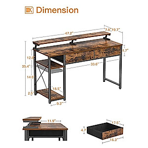 ODK Computer Desk with Drawers, 48 Inch Office Desk with Storage Bag & Shelves, Work Writing Desk with Monitor Stand Shelf, Rustic Brown Home Office Desks for Small Spaces