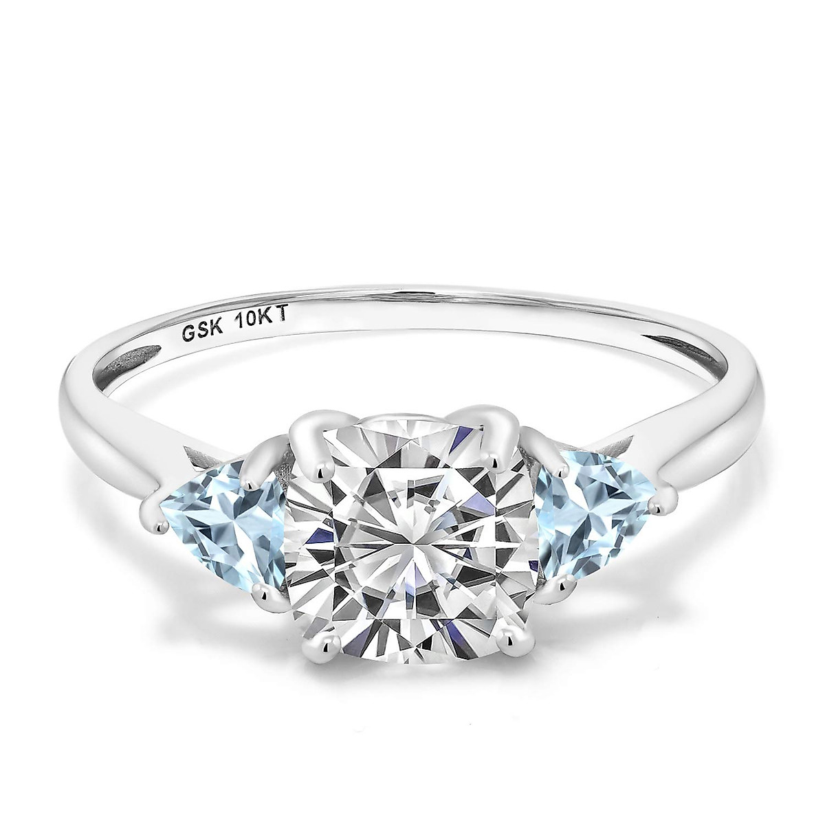 10K White Gold White Moissanite from Charles & Colvard and Sky Blue Aquamarine 3-Stone Engagement Ring For Women (2.11 Cttw, 7MM Cushion and 4MM Trillion, Available In Size 5, 6, 7, 8, 9)