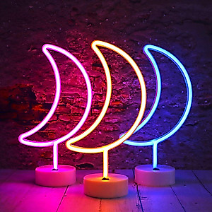 LED Neon Moon Lights, Moon Shape Neon Signs Crescent Night Lights Battery Operated Desk Table Lamp for Bedroom, Bar, Wall Decor-Moon with Holder Base(Pink)