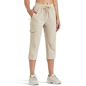 Libin Women's Cargo Capri Hiking Pants Lightweight Quick Dry Cropped Pants Summer Casual Outdoor with Zipper Pockets, Khaki, Medium