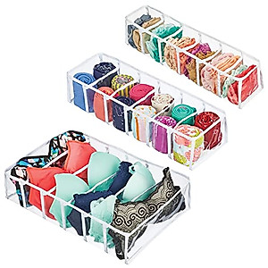 mDesign Rectangular Plastic Dresser Drawer Divider and Closet Storage Organizers for Lingerie, Bras, Socks, Underwear, Tights, Leggings, Scarves, Ties, Set of 3 - Clear/White
