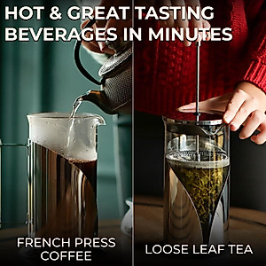 Cafe Du Chateau French Press Coffee Maker - Heat Resistant Glass with 4 Level Filtration System, Stainless Steel Housing - Brews Coffee and Tea - Large 34 Oz Carafe Coffee Presser