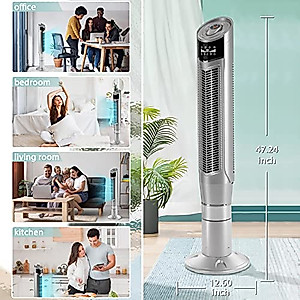 Antarctic Star Tower Fan Oscillating Fan Quiet Cooling Remote Control Powerful Standing 3 Wind Modes Bladeless Floor Fans Portable Bladeless Height Adjust, 8 Wind Speed Bedroom Office 47-Inch Silver