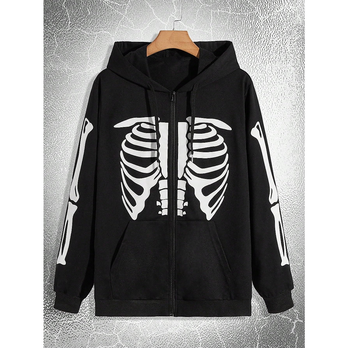 SHENHE Men's Skeleton Hoodie Drawstring Zip Up Graphic Sweatshirt Streetwear Black L