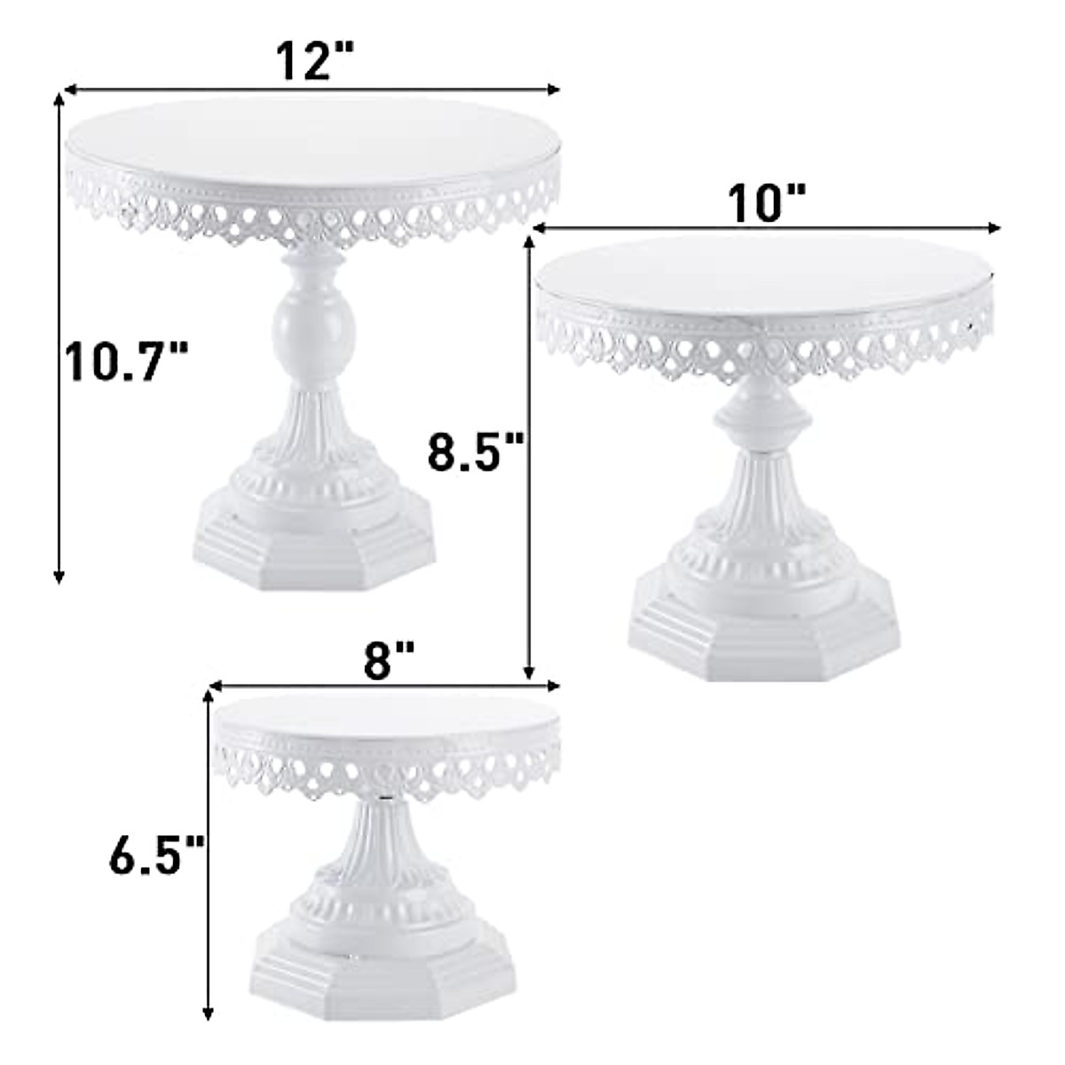 YOUEON Set of 3 White Metal Cake Stands Set, 8/10/12 Inch Round Metal Cupcake Display Stands Dessert Display Stand for Weddings, Birthday, Parties, White, Octangular Pedestal