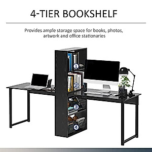 HOMCOM 88" Extra Long 2-Person Computer Desk with Storage Shelves Combo, Double Workstation Storage Study Writing Table for Home Office, Bookshelf, Black