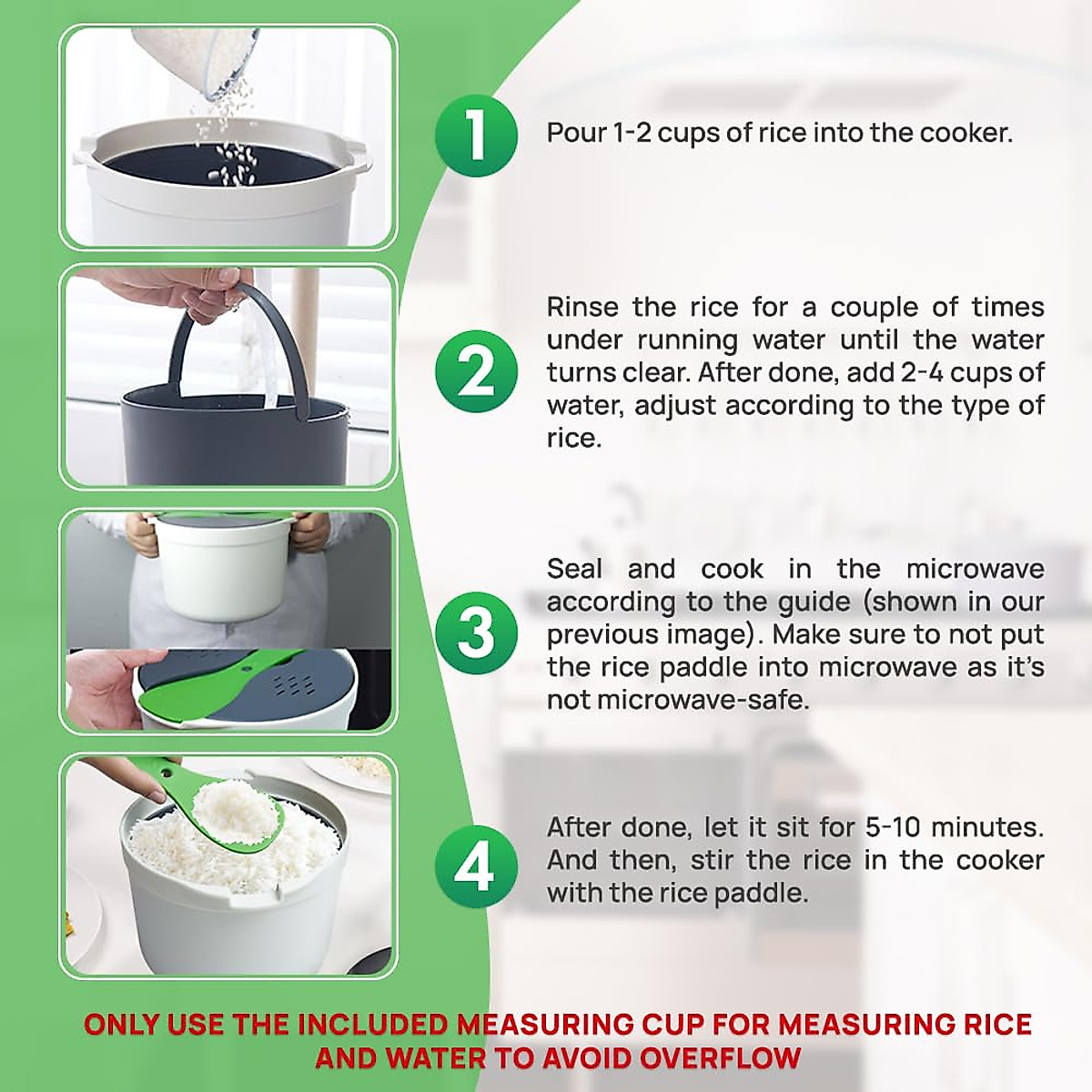 Microwave Rice Cooker 8 Cup Easy-Use Easy-Clean Microwaveable Brown White Rice Pasta Noodle Vegetable Cookware Plastic Rice Cooker Full Set with Lid Spatula Measuring Cup for Meal Prep Cooker