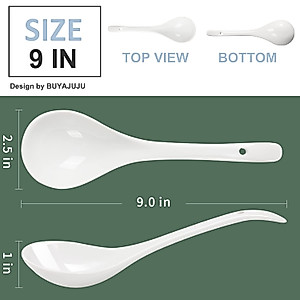 Buyajuju Porcelain Mini Size Ladles, 9 inch Large Soup Spoons, 6 Pieces Premium White Porcelain Spoons, Ladles for Stews, Chinese Noodles Spoons, Long Ladle Big Japanese Spoons