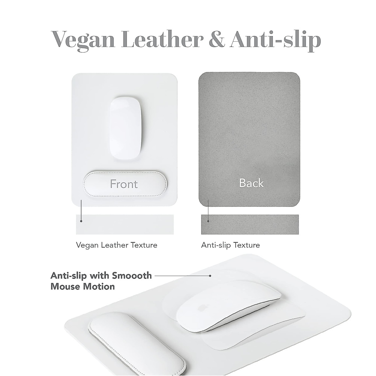 HABITU Vegan Leather White Mouse Pad with Removable Magnetic Wrist Support & Anti-Slip Base, Ergonomic Mouse Pad with Wrist Rest, Cute Office Desk Accessories for Women and Men