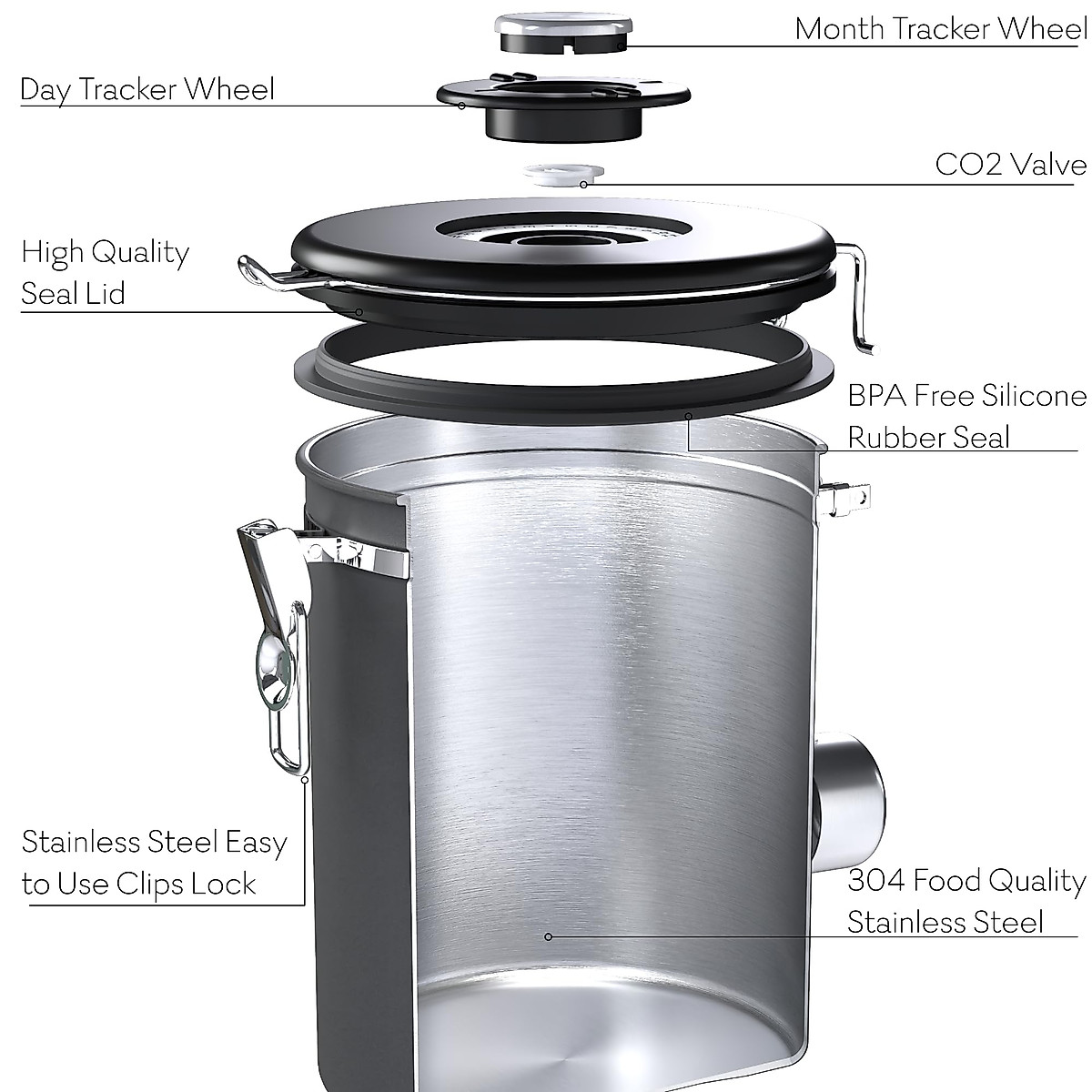 Extra Large 38oz Beans / 35oz Grounds Coffee Canister - Coffee Storage Container Tea Flour, Airtight Stainless Steel with Date Dial Release Valve Spoon