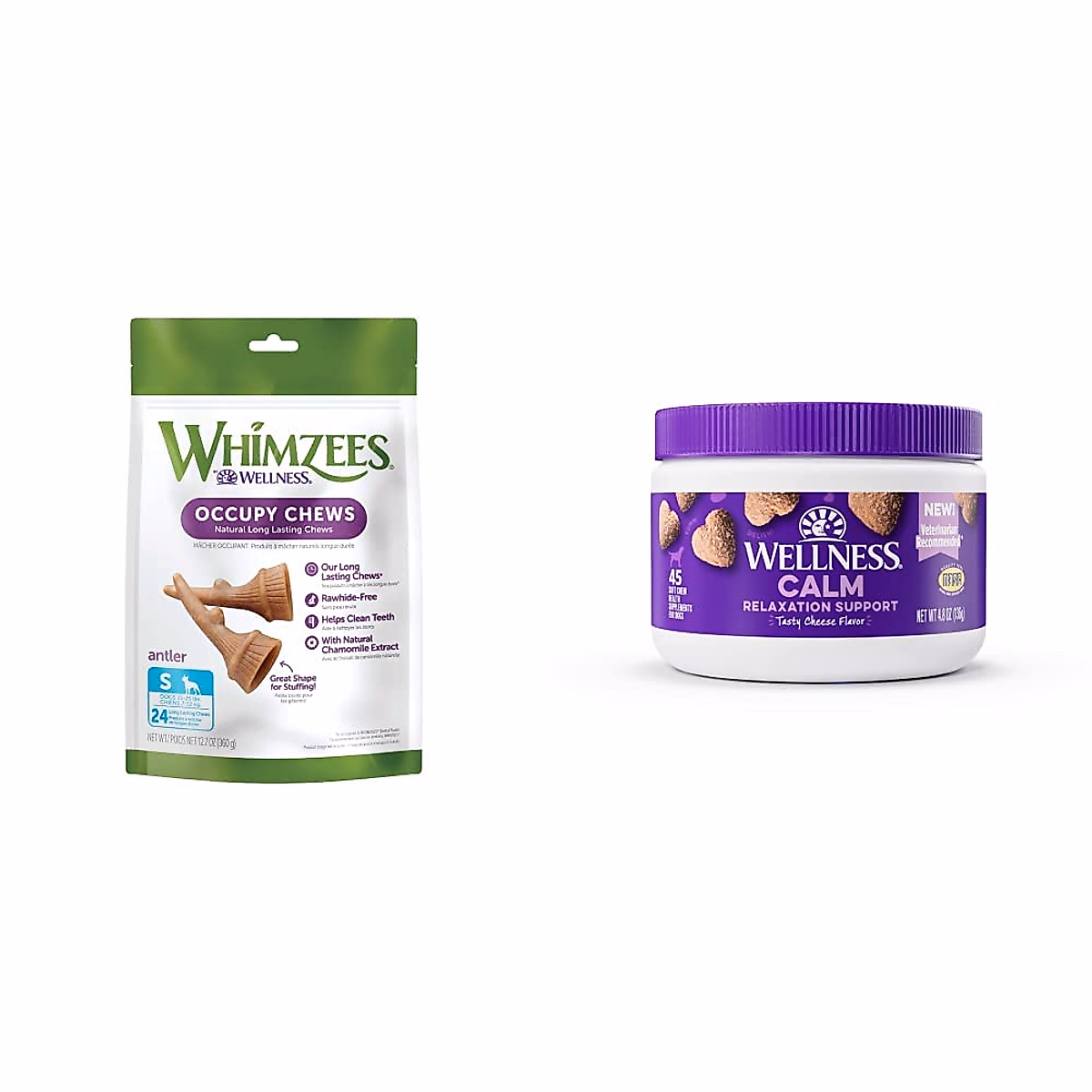 Whimzees by Wellness Occupy Antler Dental Chews for Dogs, Small Breed, 24 Count + Wellness Calming Soft Chews Dog Supplements, Tasty Cheese Flavored, 45 Count