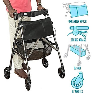 Stander EZ Fold-N-Go Rollator, Lightweight Folding Mobility Rolling Walker for Seniors and Adults, 6-inch Wheels, Locking Brakes, and Padded Seat with Backrest, Regal Rose