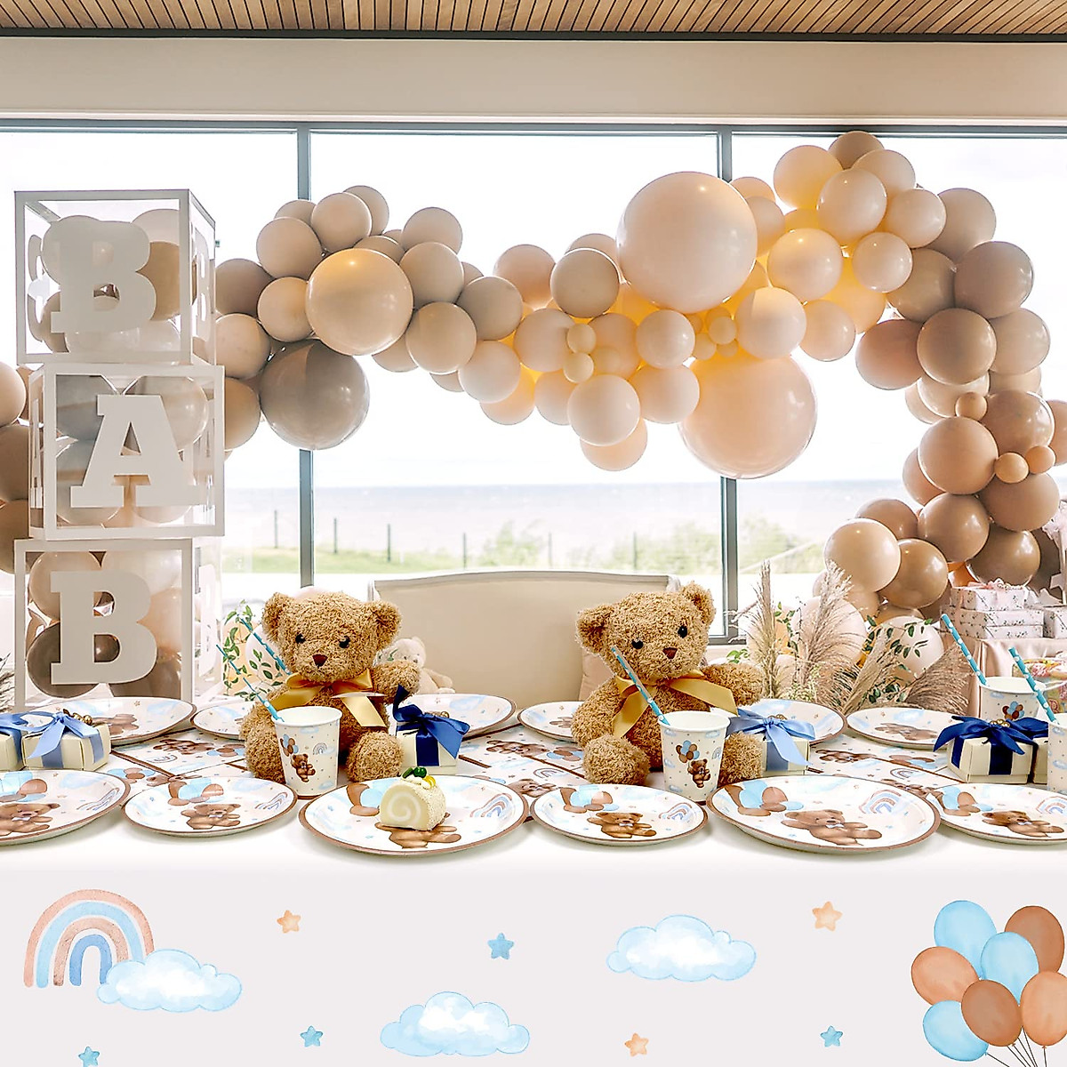 Teddy Bear Baby Shower Decorations Plates Set for 25,Boho Paper Plates Cups Napkins Straws for Boy Brown Blue Disposable Tableware Birthday Party Supplies