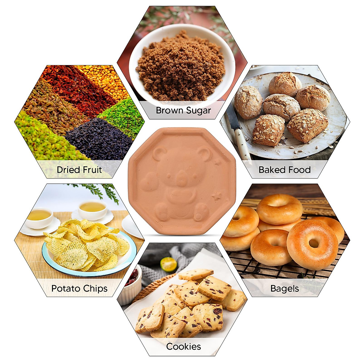 MOJIEZUO 6 Pack Brown Sugar Keeper Bear Design Brown Sugar Saver Softener Disc, Airtight Storage Container with Lid Food Storage Containers, Slip-to-Scoop for Sugar Dusting, Reusable and Food Safe