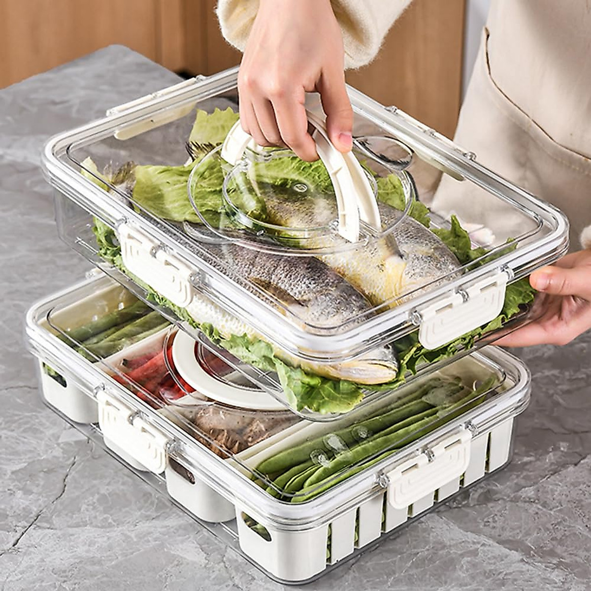 Refrigerator Organizer with Lids, Airtight Fruit Storage Containers for Fridge with Lids and Handle, BPA-Free Food Storage Container with 4 Removable Colander, Refrigerator Organizer Bins (2PCS)