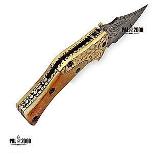PAL 2000 HUNTING KNIVES Smpg-9863 - Damascus Folding Knife - Handmade Damascus Steel - Damascus Pocket Knife - Stained Bone Handle and Engraved Guards