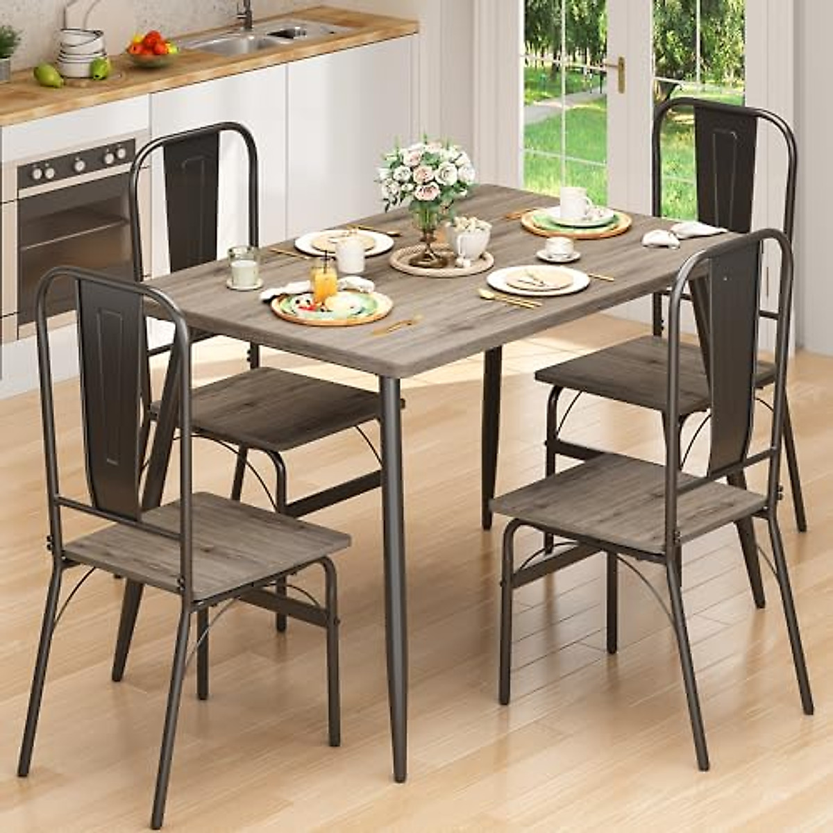 Gizoon Dining Table Set for 4 with One Table and Four Chairs, Small Space Dinette for Kitchen, Dining Room, Bistro, Modern Kitchen Table Set for Small Space, Apartment