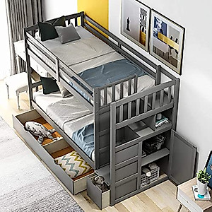 DNYN Stairway Twin Over Full & Twin Bunk Bed with Storage Shelves & Drawers,Convertible Bunkbeds,Wooden Home Furniture Bedframe,No Box Spring Need,Perfect for Kids Bedroom,Guest Room, Gray