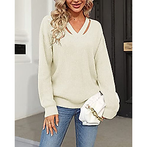 Cicy Bell Women's V Neck Sweaters Hollow Out Long Sleeve Casual Knit Pullover Jumper Tops White