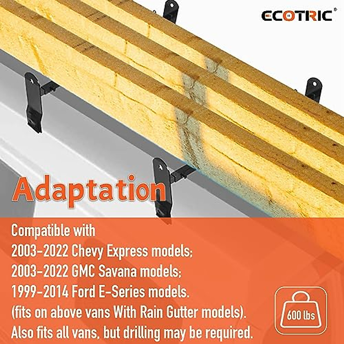 ECOTRIC Cross Bar 53"-66" Compatible with 1999-2022 Chevy Express GMC Savana Ford E Series Ladder Rack for Van Roof Rack Ladder Carrier Steel Rain Gutter Heavy Duty Black