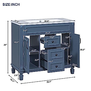 Aiuyesuo 36'' Modern Bathroom Vanity, Royal Blue Mirror Combo Stand Cabinet, Modern Bathroom Storage Cabinet with 2 Soft Closing Doors and 2 Drawers, Single Sink Bathroom Vanity