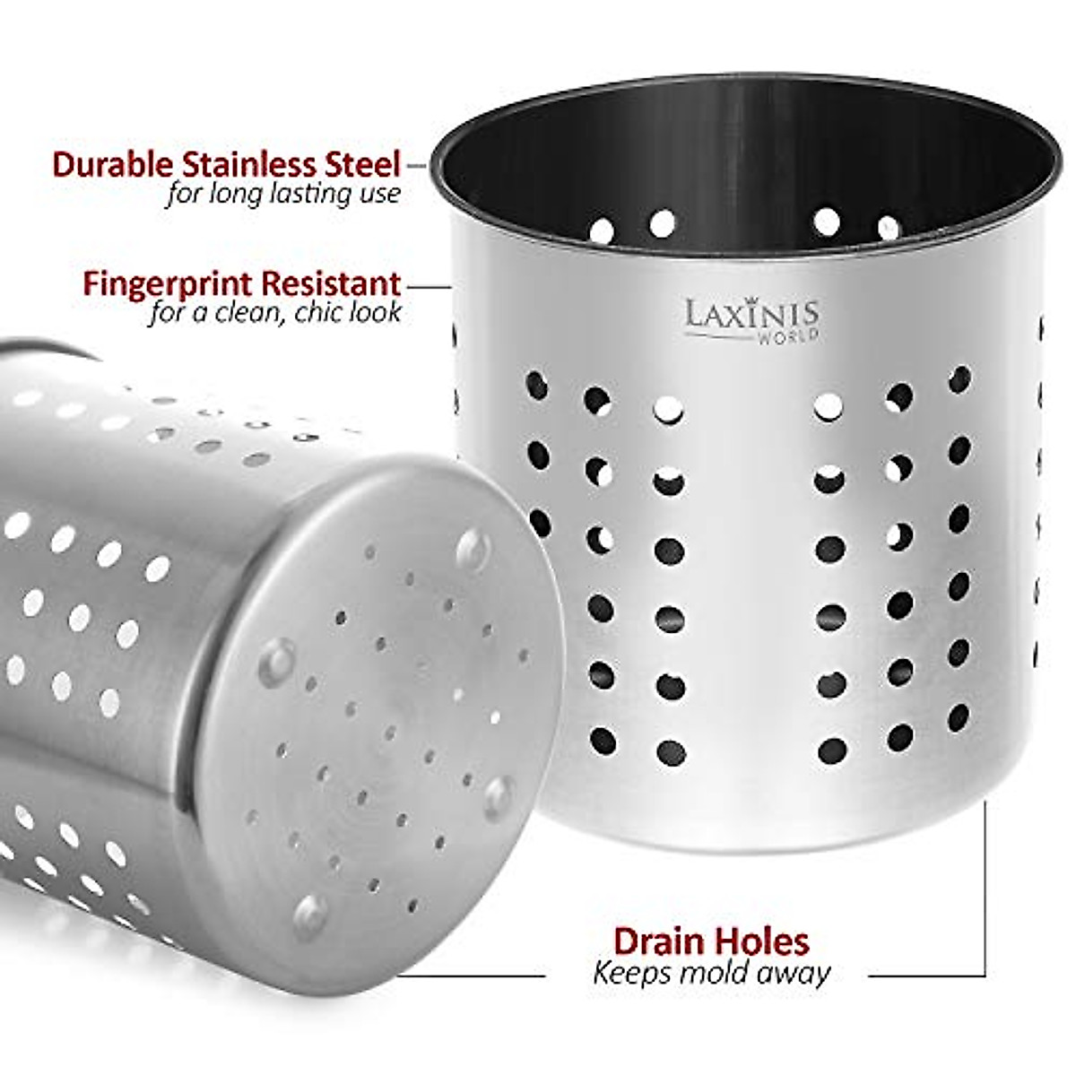 Laxinis World Stainless Steel Kitchen Utensil Holder, Kitchen Caddy, Utensil Organizer, Round Shape Utensils Crock, 5" by 5.3" (utensils not included)