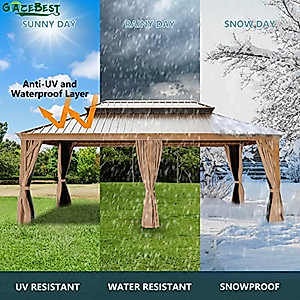 GAZEBEST 12' X 20' Permanent Hardtop Gazebo, Outdoor Galvanized Steel Double Roof Pavilion Canopy with Wood-Grain Coated Aluminum Frame and Privacy Curtains for Garden Patio,Backyard,Deck and Lawns