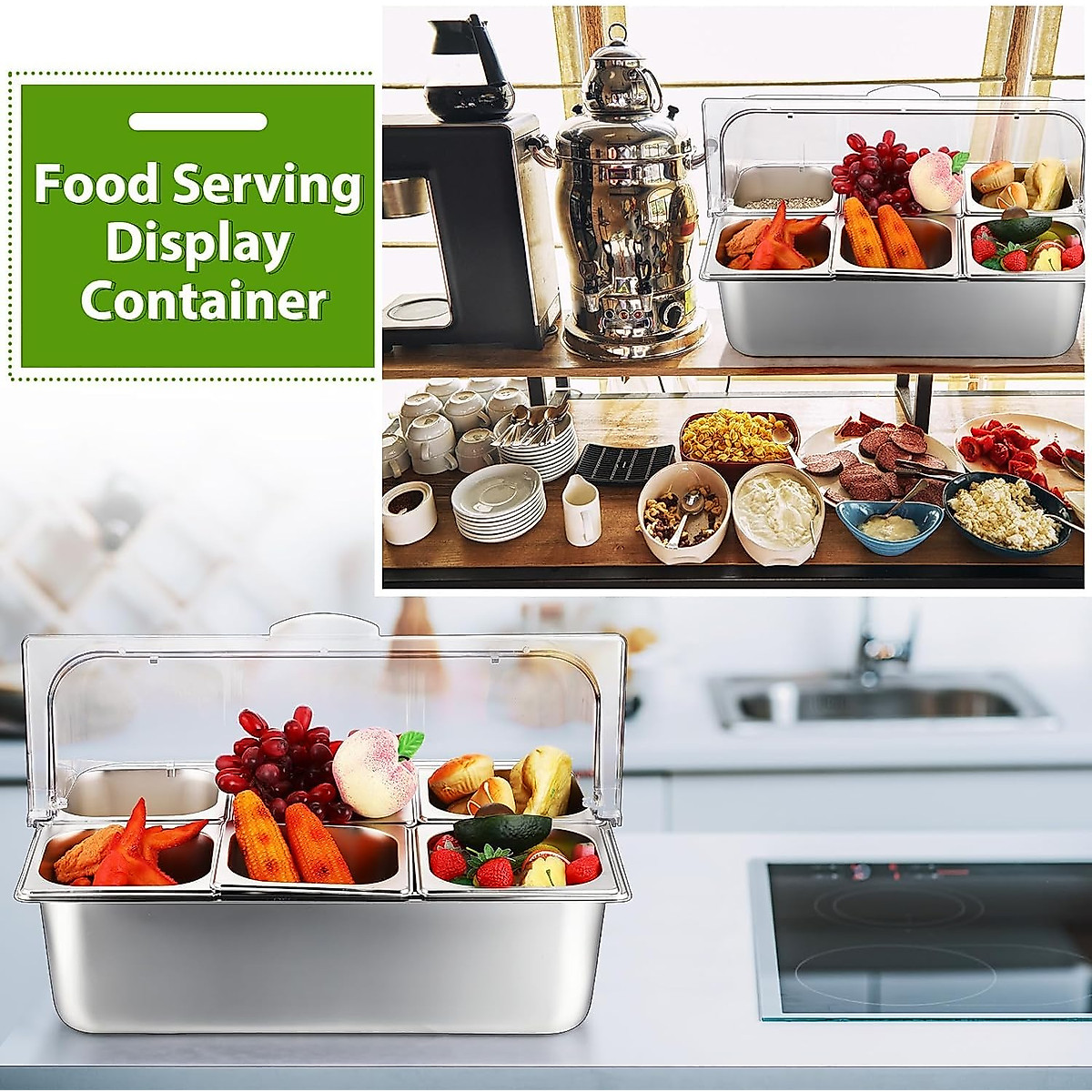 GCIUEMMH Chilled Veggie Tray with Lid - Stainless Steel Food Serving Tray Buffet Condiment Dispenser 6 Pan Countertop Food Serving Container with Clear Top Cover for Seafood Fruit Party Buffet Tray