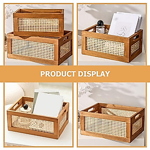 Cabilock Handmade Bamboo Rattan Storage Basket Home Office Tabletop Shelf Organizer Woven Storage Bin with Wooden Frame & Handles