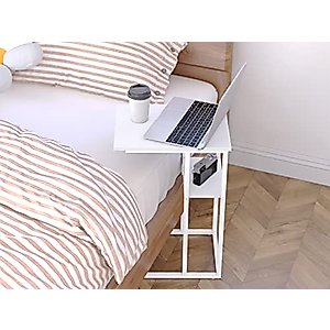 Yusong C Shaped End Table, Small Side Tables Slide Under Sofa Couch Bed, Small TV Tray Bedside Table for Small Spaces, Living Room, Bedroom, White