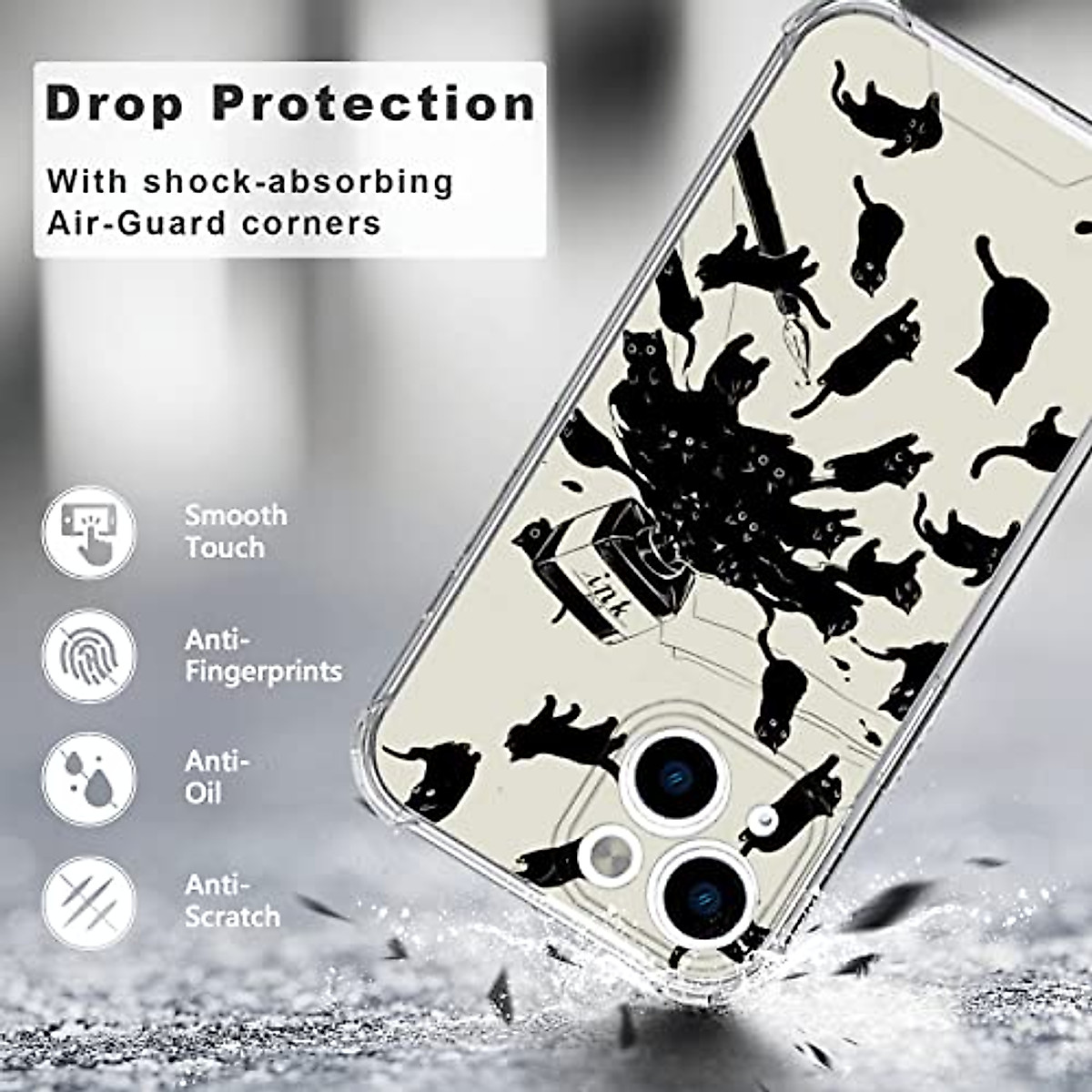 Clear Cute Cat Phone Case iPhone 13 Mini Case - 5.4 Inch Kawaii Black Cats iPhone Case, Non-Slip Pattern Design and Shock Absorption, Gel Frame Support Black Phone Case for Teen Girls and Sisters