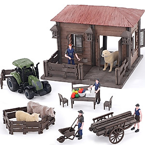 Lucky Doug Farm Animal House Toys Playset for Kids Toddlers Ages 3-8, 122 PCS Building Toys Farmhouse Figures Pretend Play Set with 3 Animals, 4 Figures, A Tractor, 11" L x11 W x 8" H