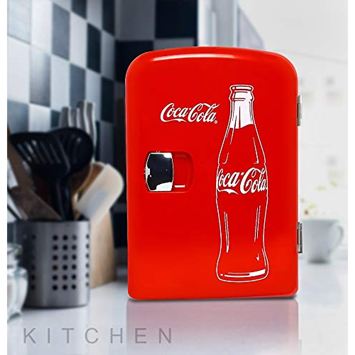 Coca-Cola Classic Coke Bottle 4L Mini Fridge w/ 12V DC and 110V AC Cords, 6 Can Portable Cooler, Personal Travel Refrigerator for Snacks Lunch Drinks Cosmetics, Desk Home Office Dorm, Red