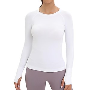 MathCat Workout Shirts for Women Long-Sleeved Athletic Shirt Running Breathable Seamless Yoga Tops White