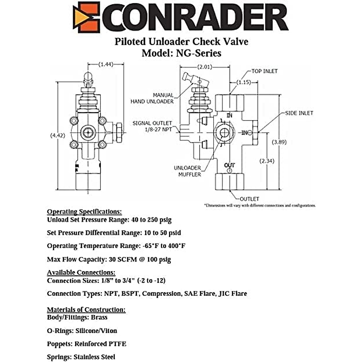 3/4" Compression Top Inlet X 3/4" MNPT Oulet, Combo Unloader Pilot Check Valve with Throttle Control Cable, 6.5HP Max Gas Air Compressors (140-175 PSI Valve & 18" Throttle Control Cable)