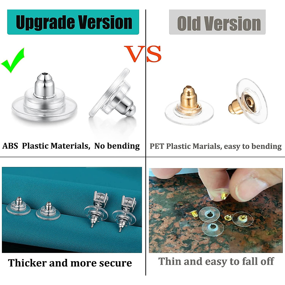 Catinee 3 Pairs Earring Backs,925 Sterling Silver Earring Backs for Studs, Adjustable Hypoallergenic Locking Earring Backs Fit 0.028-0.039inch Post（White+Gold）