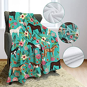 YISUMEI Flower Horse Throw Blanket Horse Green with Flowers Fleece Blanket Soft Warm Cozy for Sofa Couch Bed 50"x60"