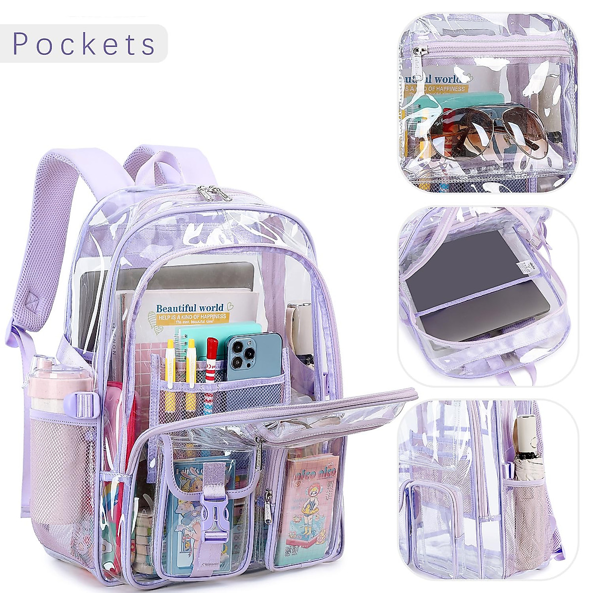 abshoo Large Clear Backpack For Girls Women School Bookbag Heavy Duty Transparent Backpack (Purple)