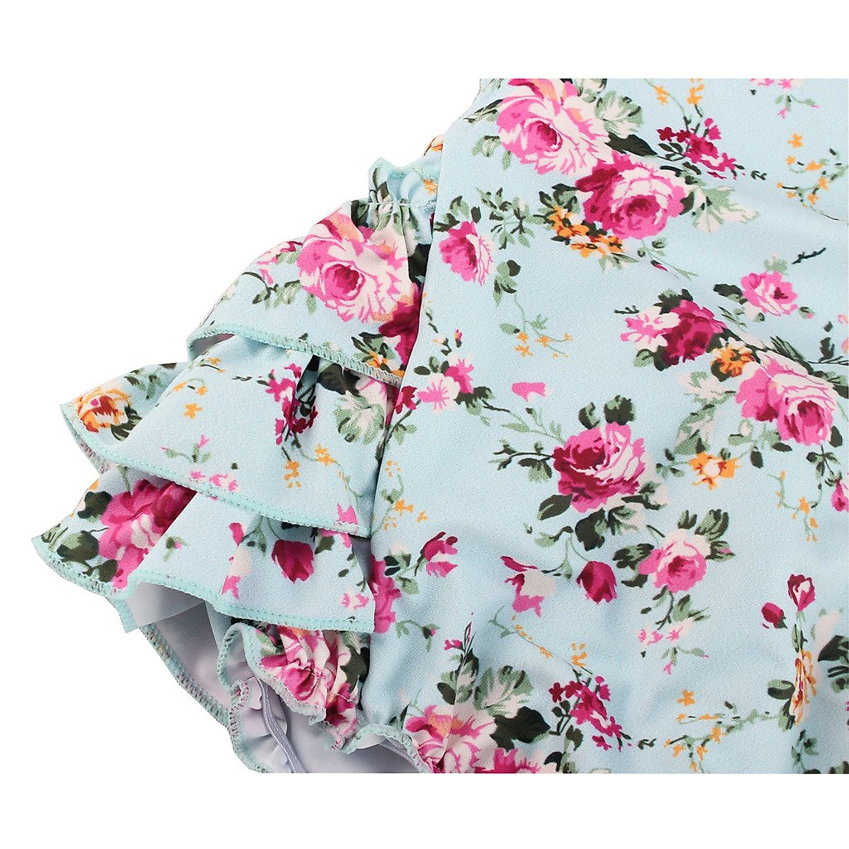 China Rose 50's Floral Ruffles Rompers Backless Dress Bathing Suit Swimwear (0-12 Months, Light Blue)