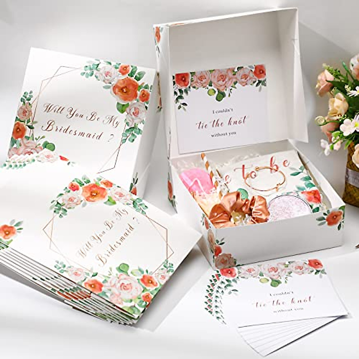 Sepamoon 8 Pack Bridesmaid Proposal Boxes with Pieces Cards, Will You Be My Gift for Bridal Shower, Wedding, Bachelorette Party, Floral Patterned White Box Text