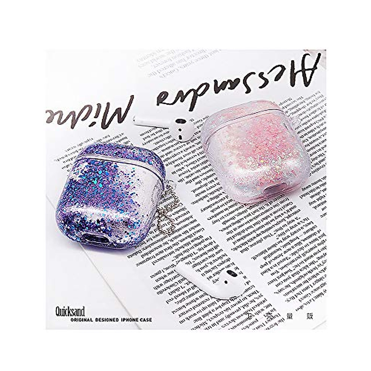 UnnFiko Bling Quicksand Case Compatible with AirPods 1/2, Cute Sparkle Liquid Protective Case, Funny Creative Hard Clear Airpods 1 & 2 Cover with Keychain (Silver Pink)