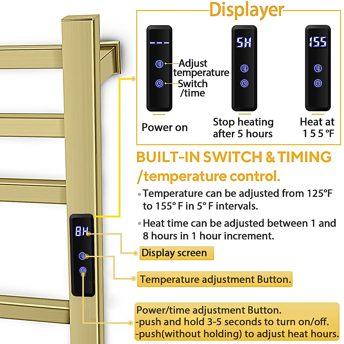 TWCC Towel Warmer Rack for Bathroom with Timer/Fahrenheit Temperature Control Wall Mounted Electric Heated 10 Bar Rail Plug-in or Hardwired Keep Bath Shower Towel Warming (Brushed Gold)