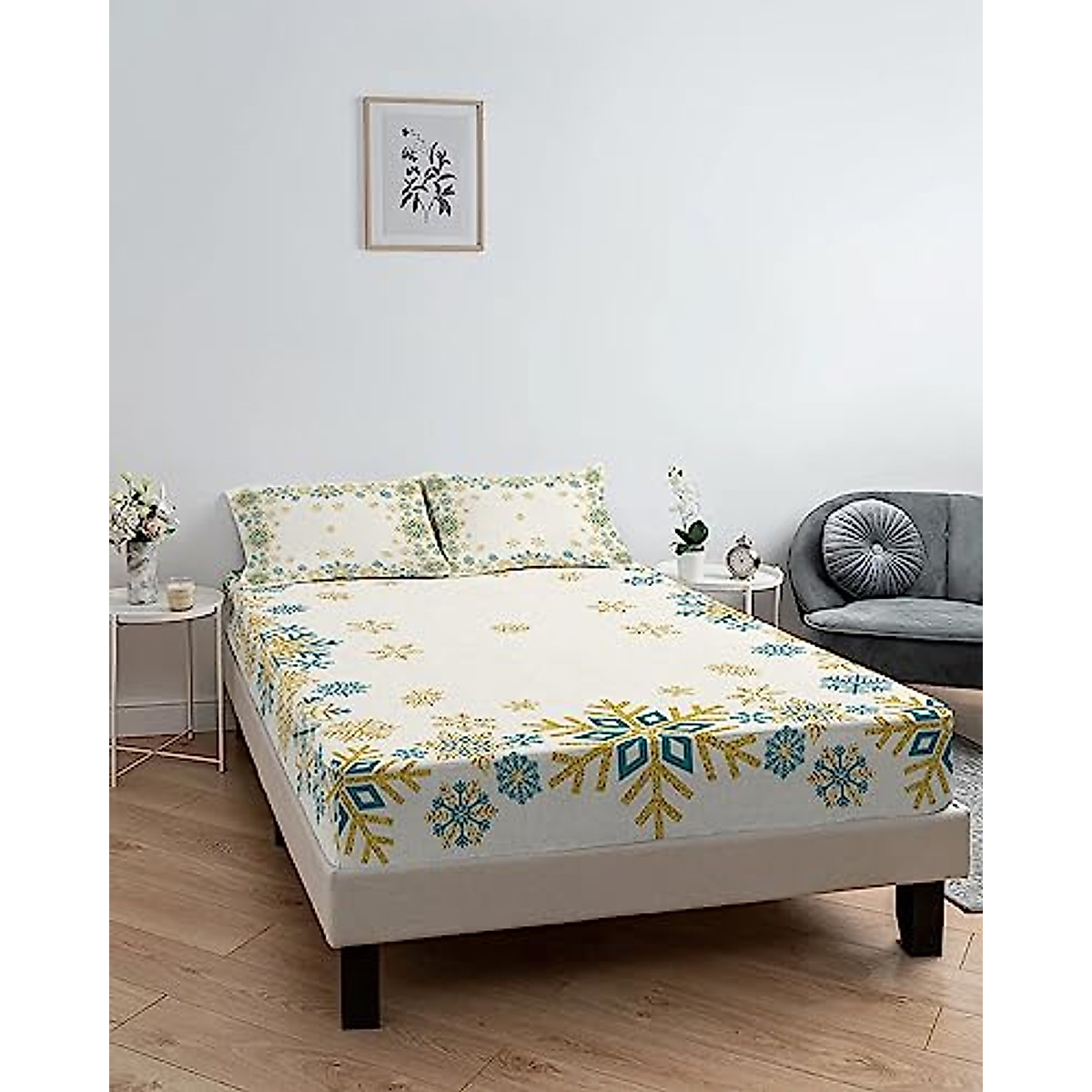 Twin Size Fitted Sheet Bed Set Christmas Abstract Snowflake Texture Deep Pocket Soft Bottom Sheets&Pillowcases for Bedroom Decor Gold Blue Snow Flower on Flax,Fits Mattress Up to 16" Deep