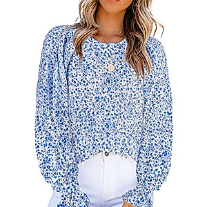 Dokotoo Cute Tops for Women Floral Print Round Neck Smocked Long Sleeve Blouses Stylish Summer Shirts Babydoll Chiffon Clothing for Women Blue M